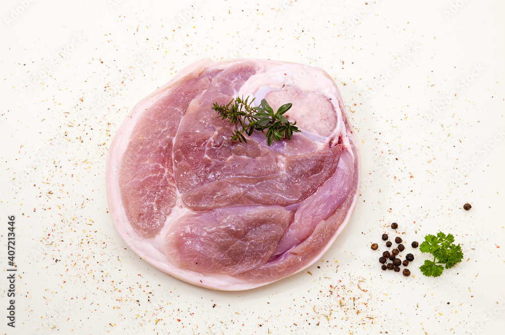 Beef Leg Slice salted with spice isolated on spicy background. Round ...