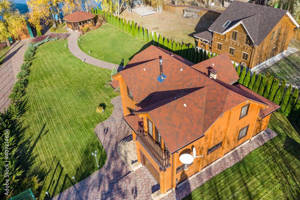 Aerial overhead elevated view of beautiful luxury big wooden modern ...