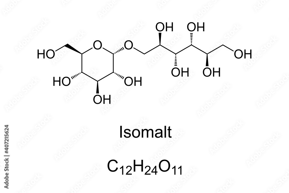 Isomalt, chemical formula and skeletal structure. A sugar substitute ...