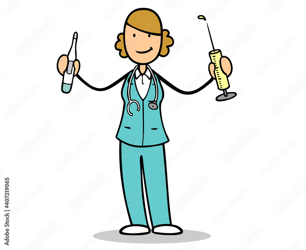 Lächelnde Cartoon Pflegekraft mit Covid-19 Spritze mit Impfstoff Stock ...