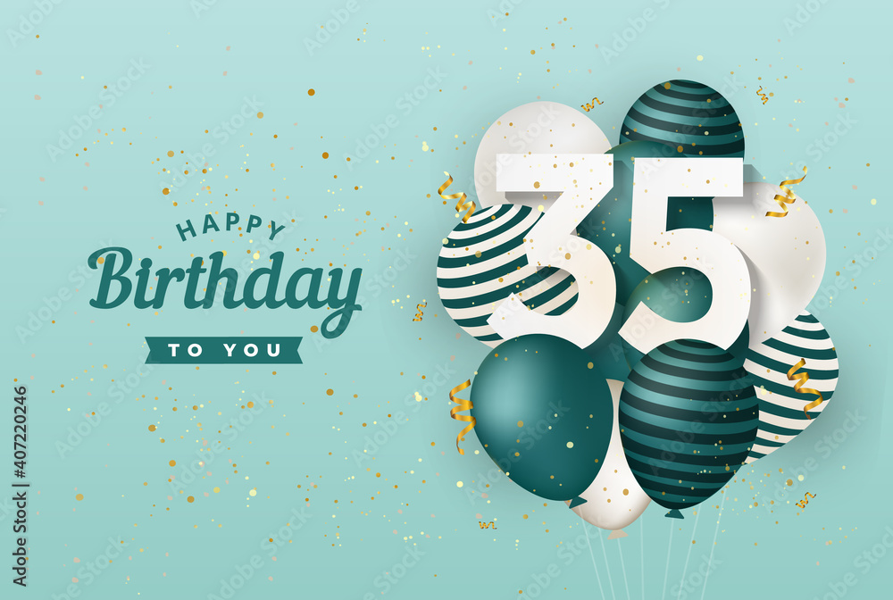 Happy 35th birthday with green balloons greeting card background. 35 ...