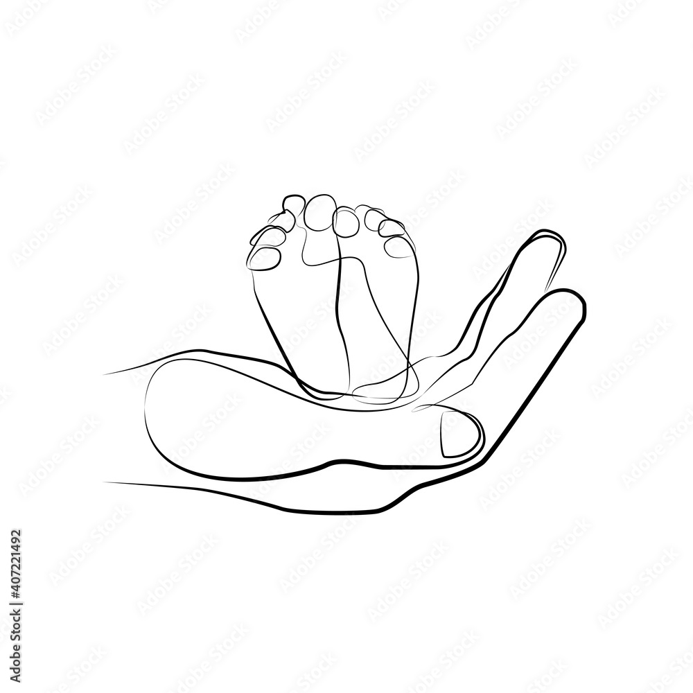 Baby feen in adult hand in one line. Black line vector illustration on ...