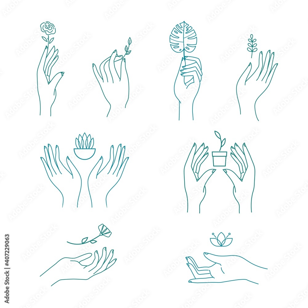 Hands holding leaves and flowers logo set in minimalistic simple linear ...