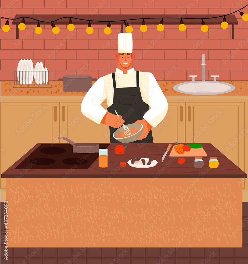Chef man cook dish at kitchen, isolated cartoon character smiling, guy ...