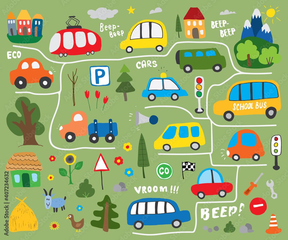 Cars Cartoon Set. Cute transport Doodles collection, vector ...