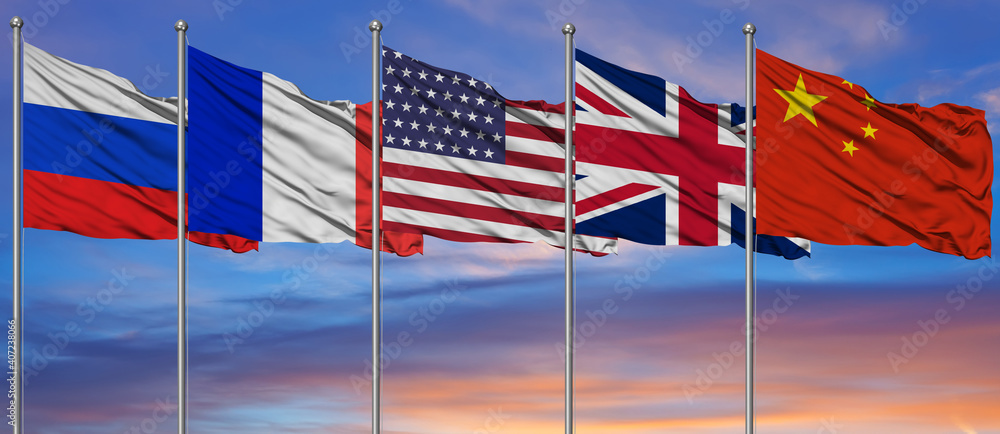 3D Illustration with national flags of the five countries member states ...