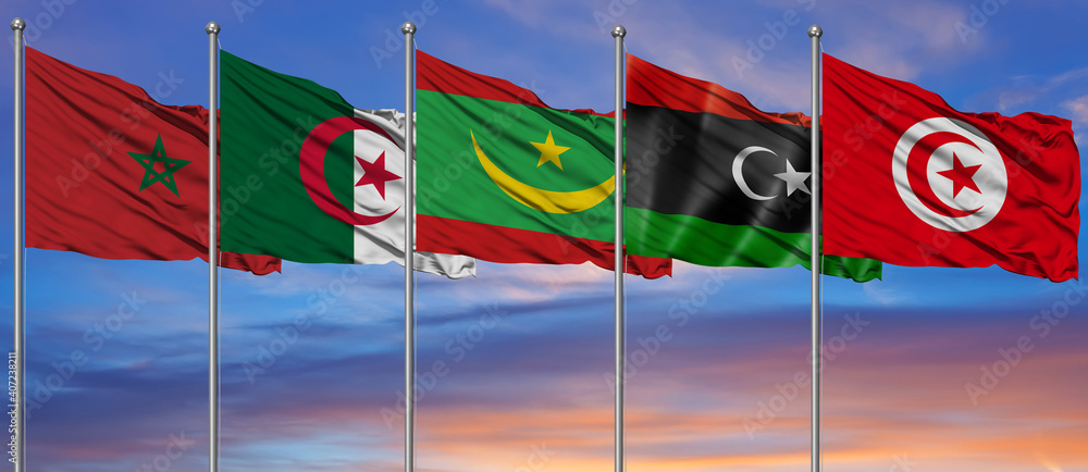 3D Illustration with national flags of the five countries which are ...
