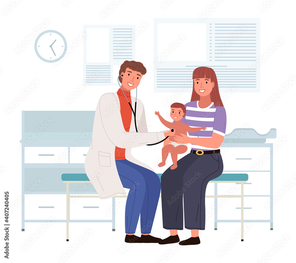 Mother and baby visiting the doctor. Pediatrician with stethoscope ...