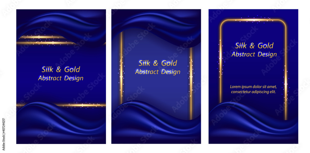 Luxury background with blue silk wave and golden glowing borders ...