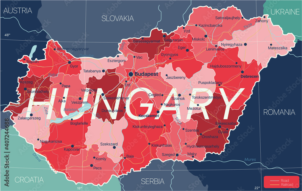 Hungary country detailed editable map with regions cities and towns ...