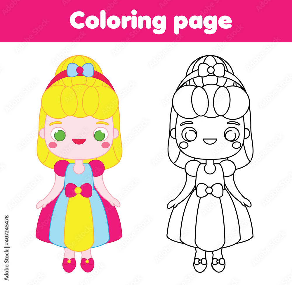 Coloring page with cartoon princess. Drawing kids activity. Printable ...