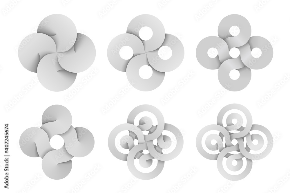 Set of cross signs made of three connected disks and rings made of ...