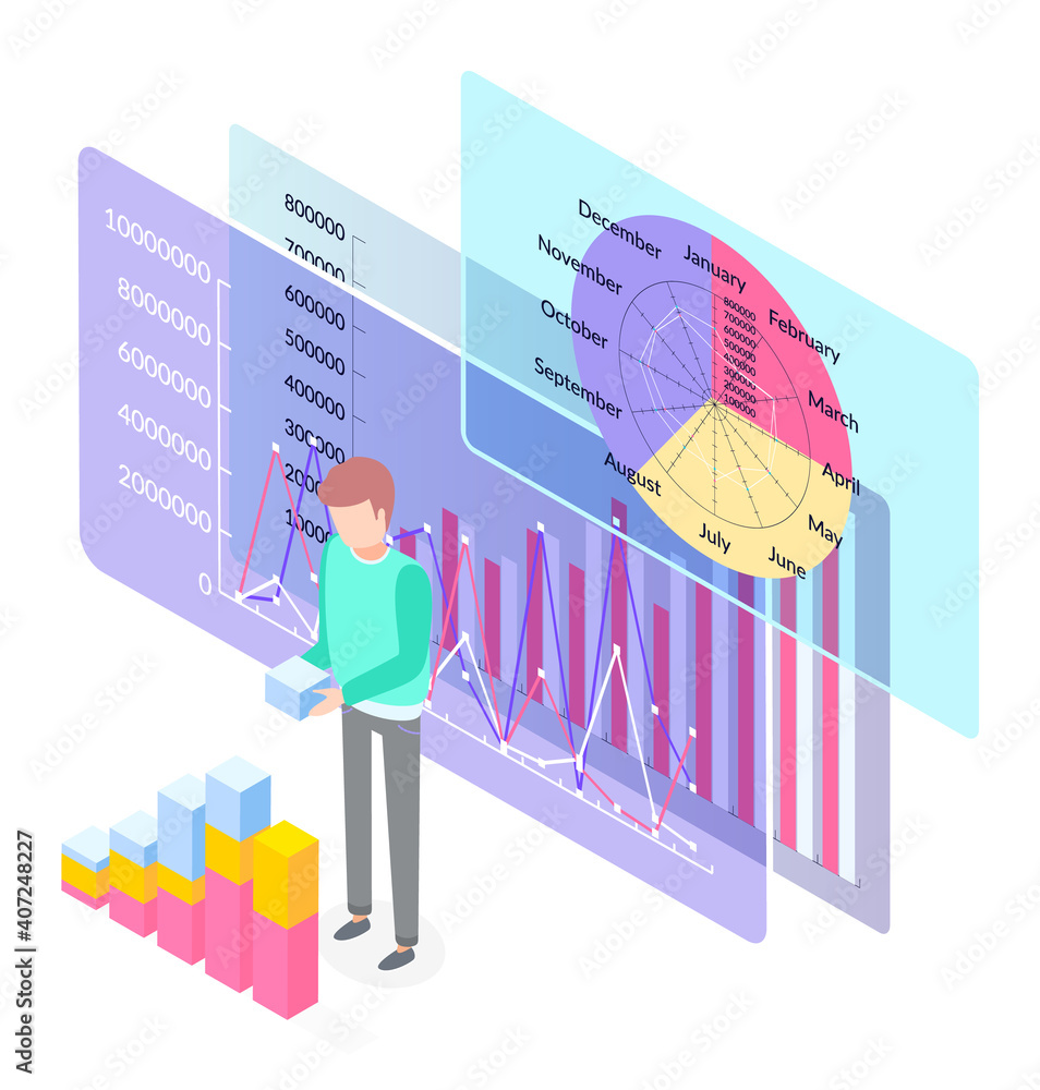 Man is building diagram consisting of vertical color rectangular bar on ...