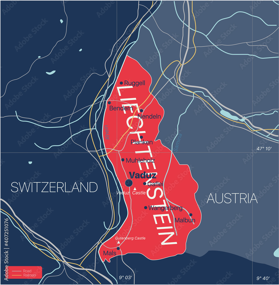 Liechtenstein country detailed editable map with regions cities and ...