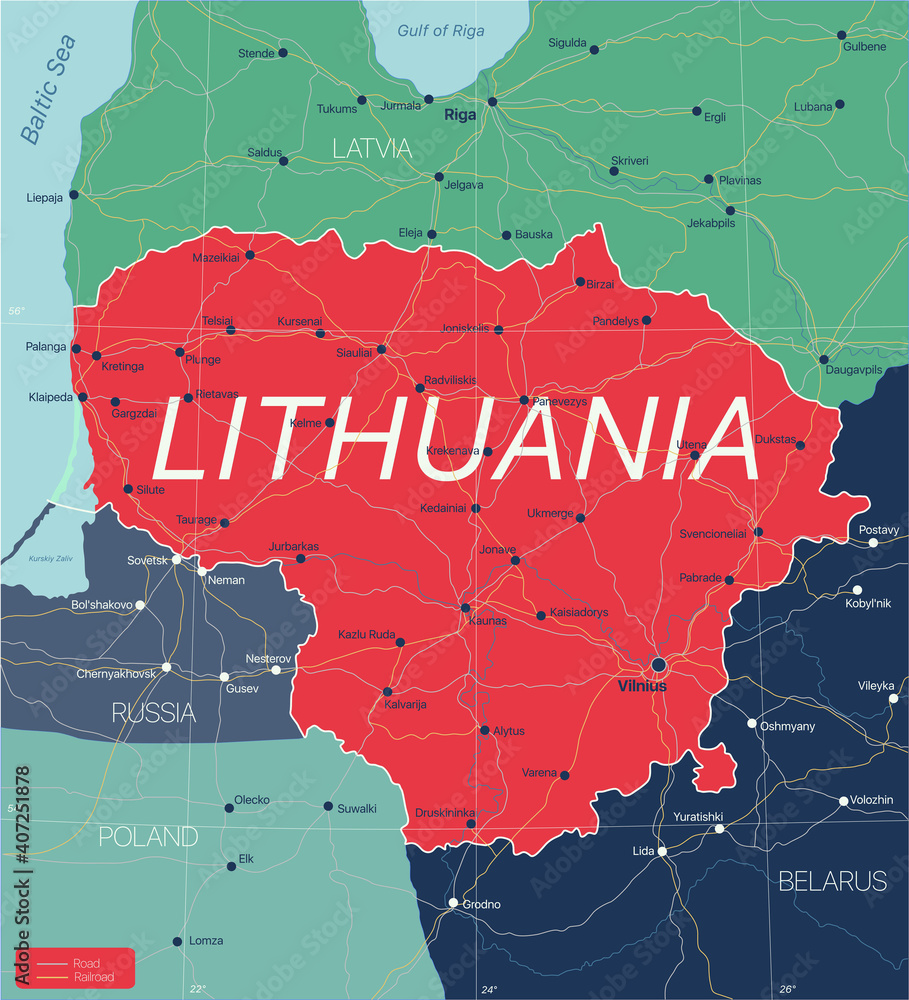 Lithuania country detailed editable map with regions cities and towns ...