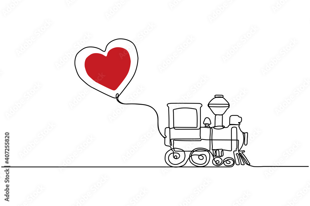 Drawing of a train that carries a heart. Continuous line drawing ...