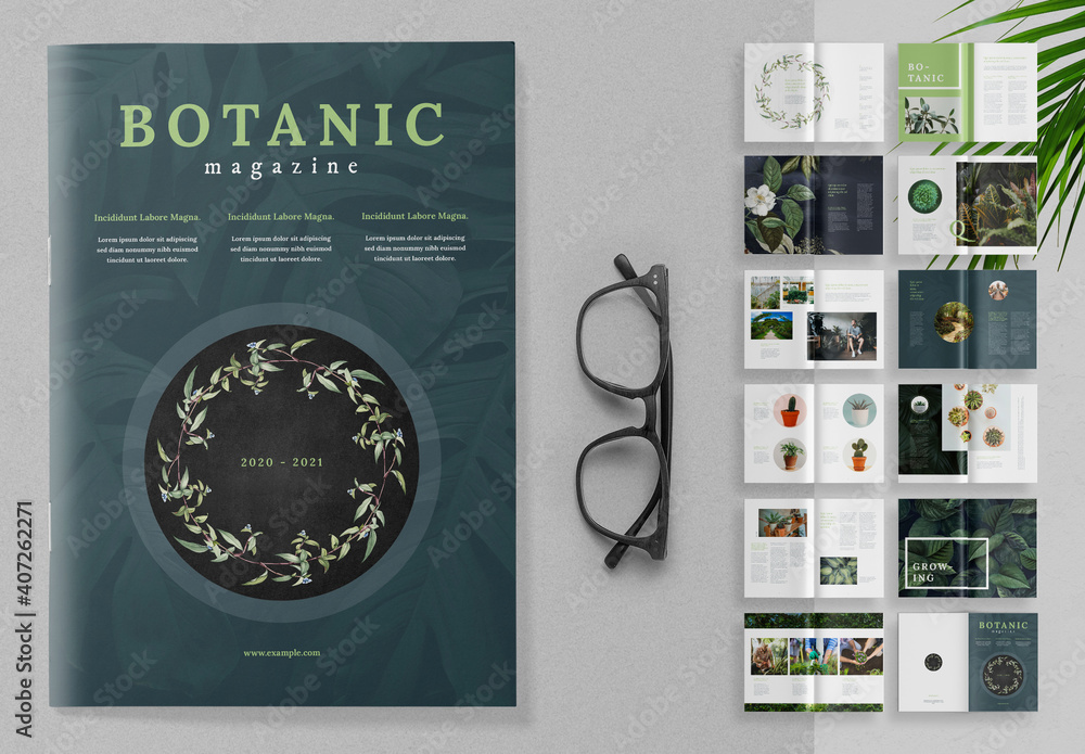 Botanic Magazine Layout with Green Accents Stock Template | Adobe Stock