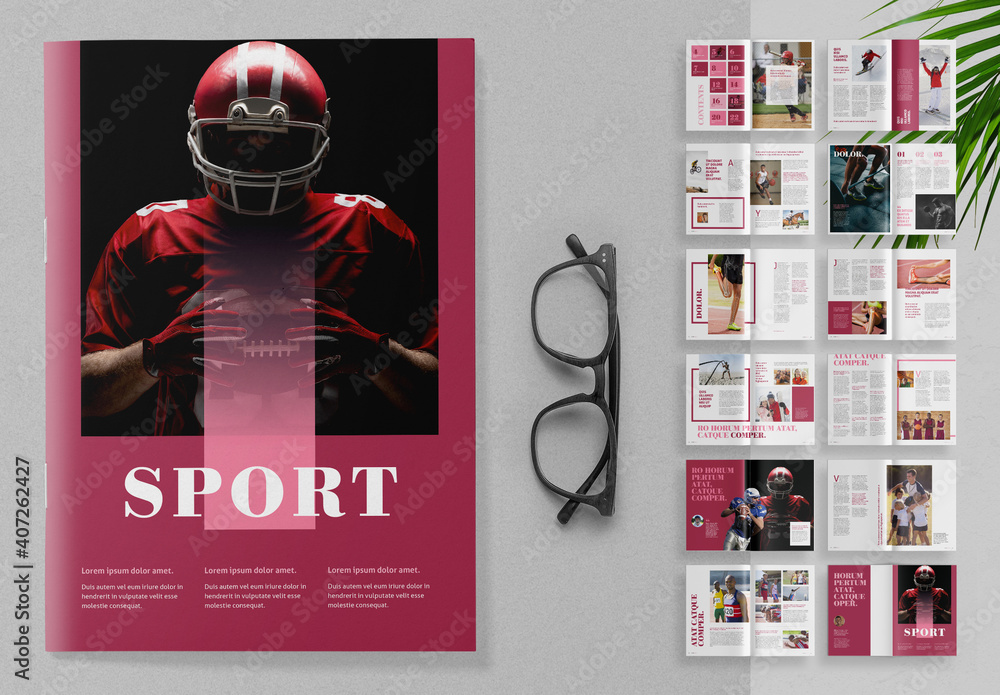 Sport Magazine Layout with Pink Accents Stock Template | Adobe Stock