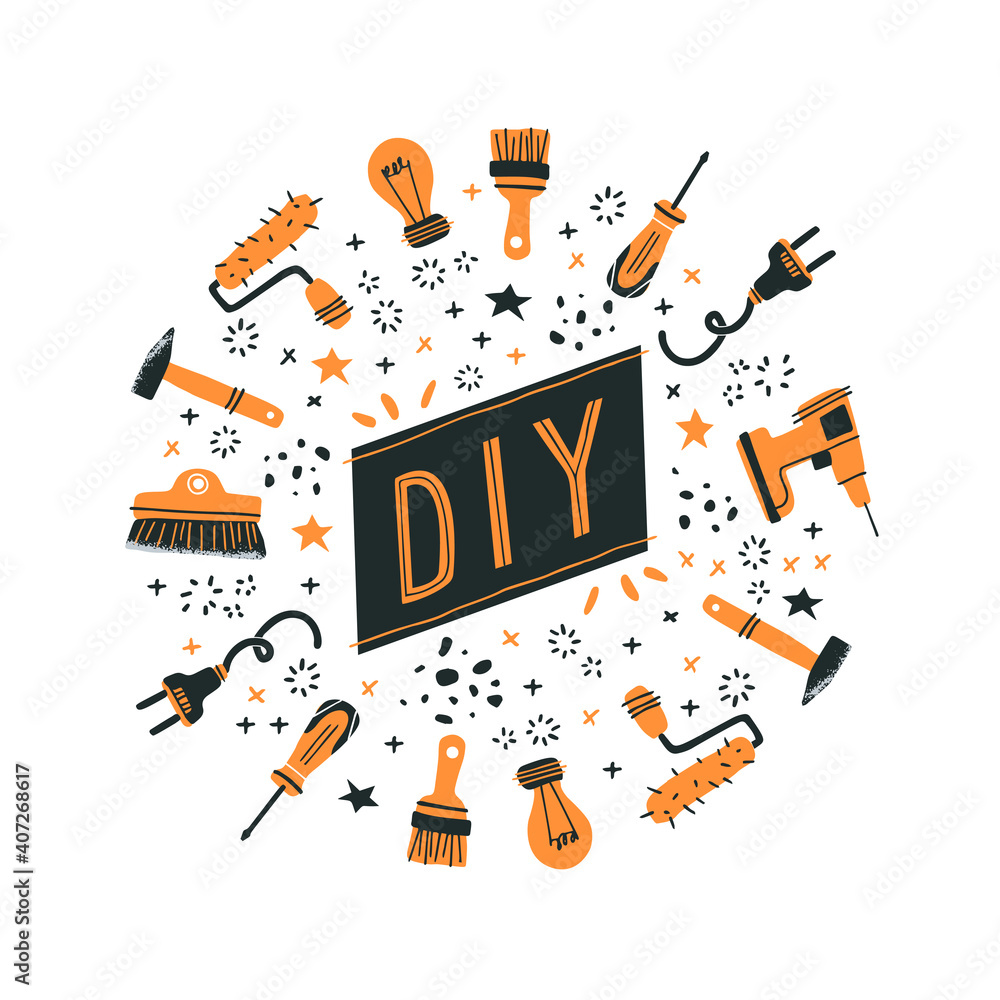 DIY store concept. Vector illustration of instruments for home ...