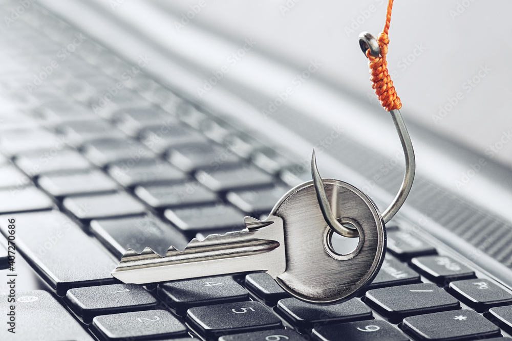 phishing, hacking personal data and money , key and hook on computer ...