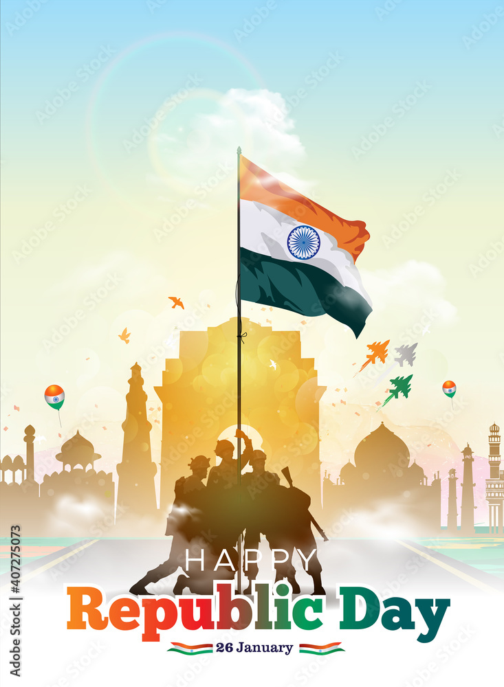 abstract illustration of Indian army parade on India gate with flag. 26 ...