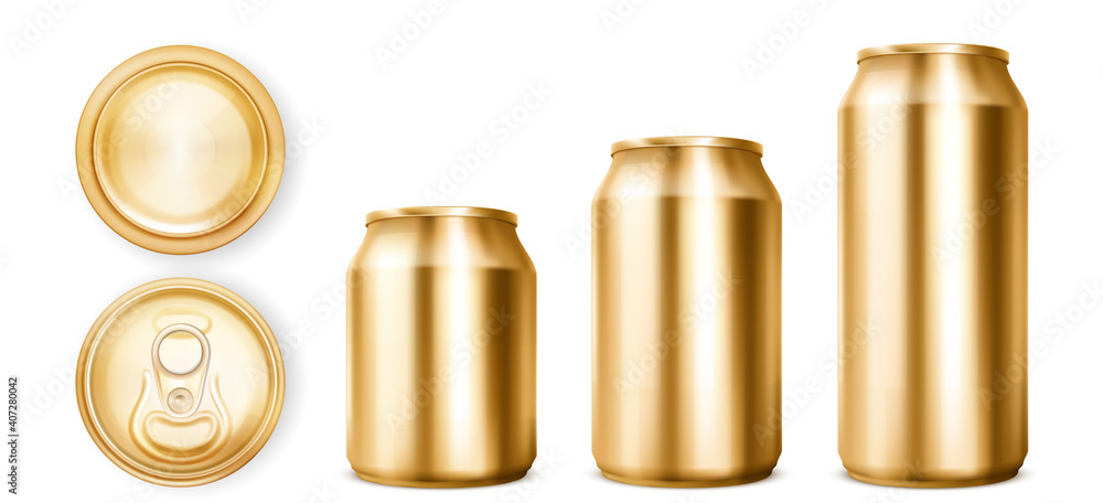 Golden tin cans for soda or beer in front, top and bottom view. Vector ...