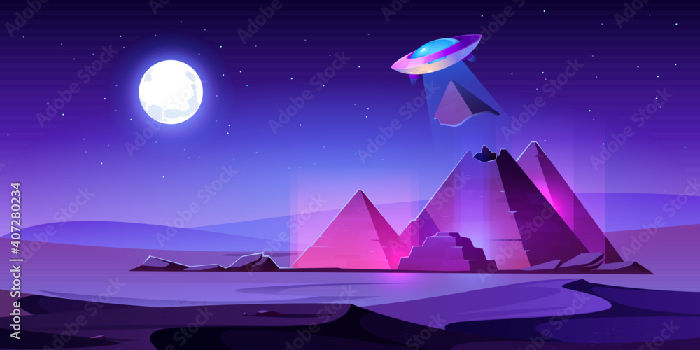 Ufo steal Egypt pyramids top in night desert, alien saucer pull piece ...