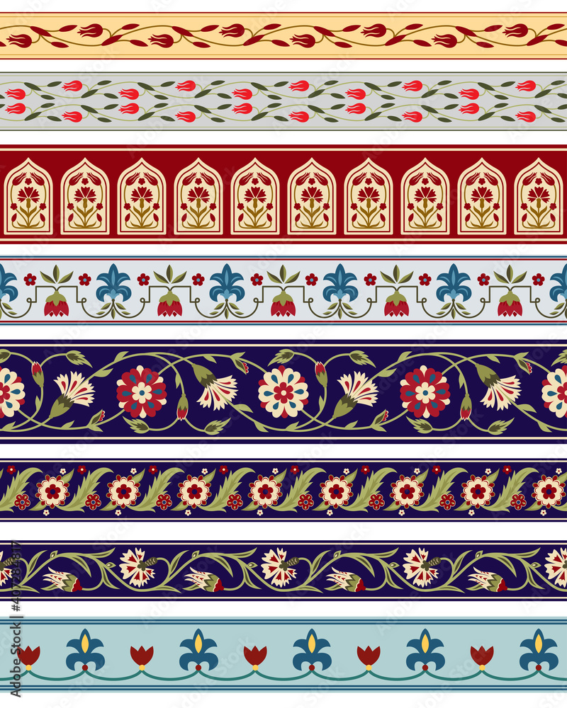 Seamless borders with various whimsical flowers. Central Asian, Suzani ...