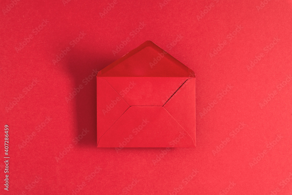Red open empty envelope on red background. Red background with envelope ...