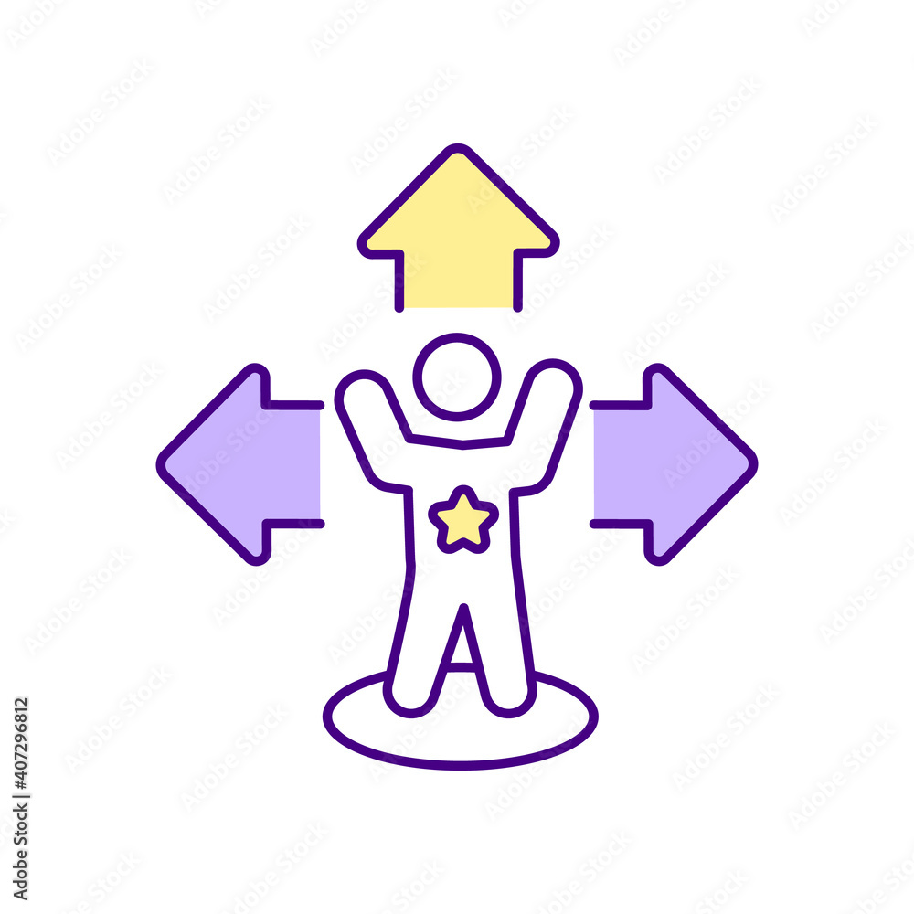 Hero improvement process RGB color icon. Way of upgrading skills and ...