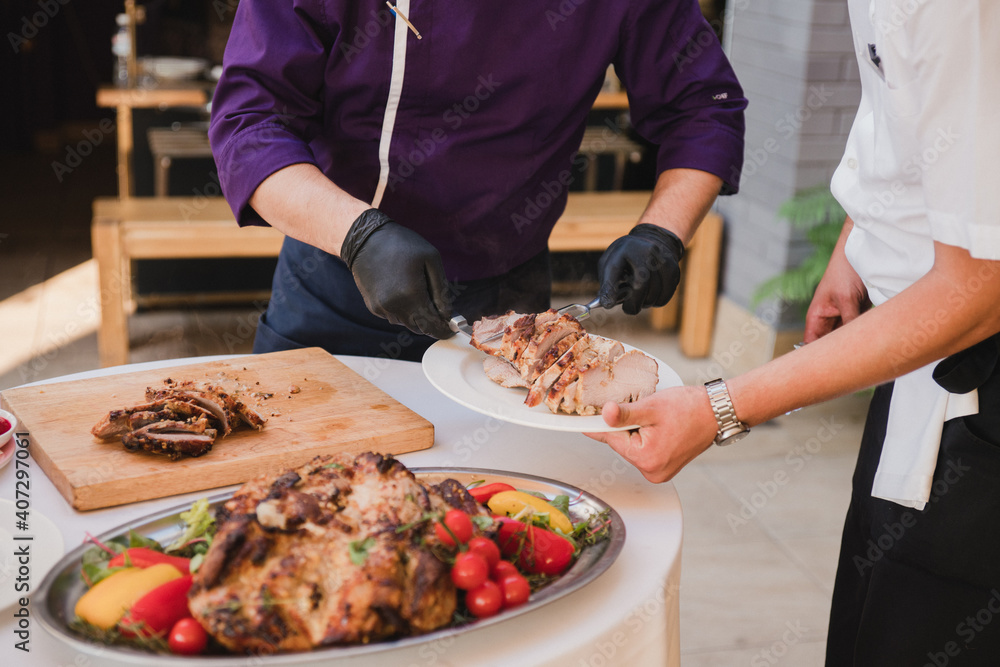 Catering banquet table at wedding reception. Restaurant presentation ...