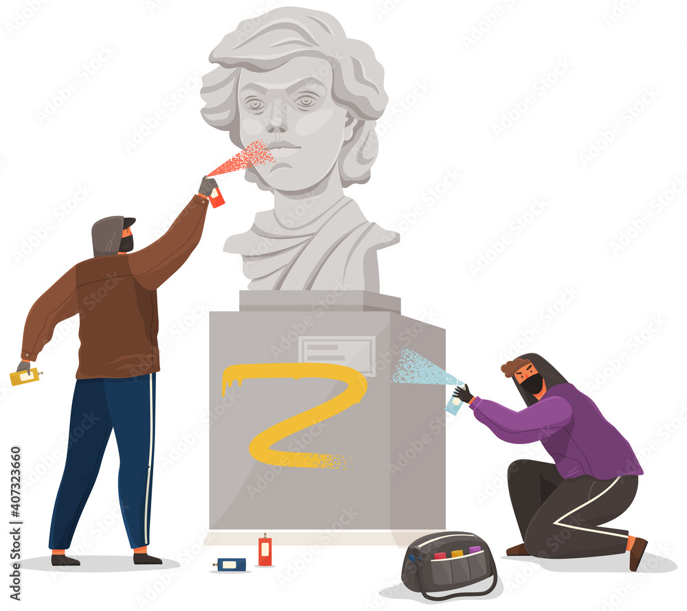 Vecteur Stock Vandals damaging monument. Bullies in hood and balaclava ...