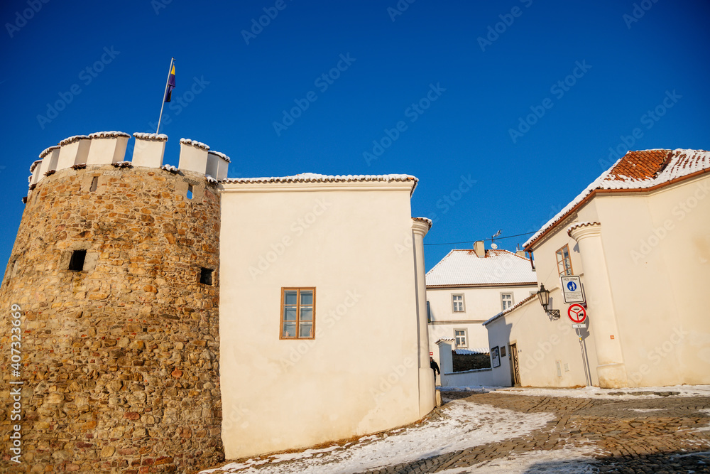 Gothic Fortress walls, Putim Gate in winter sunny day, Medieval ...
