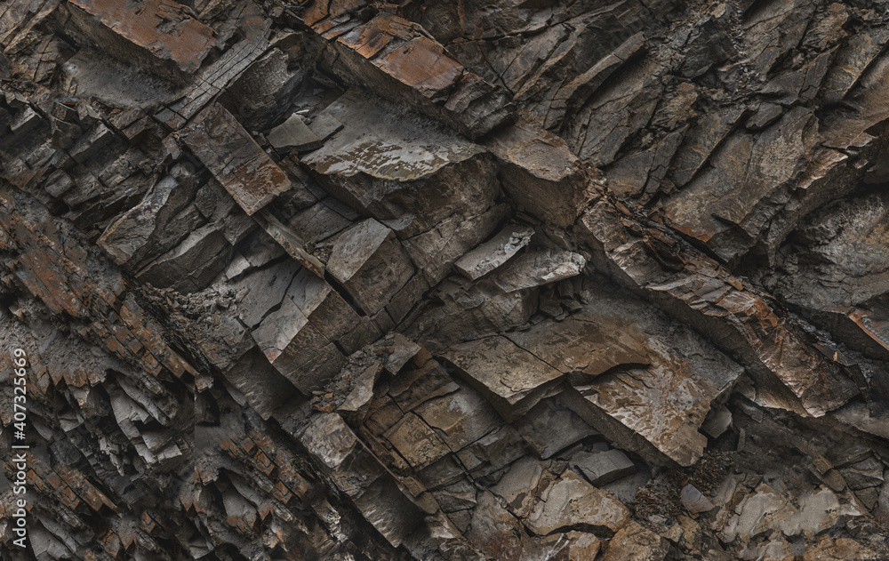 Texture, background layers and cracks in sedimentary rock on cliff face ...