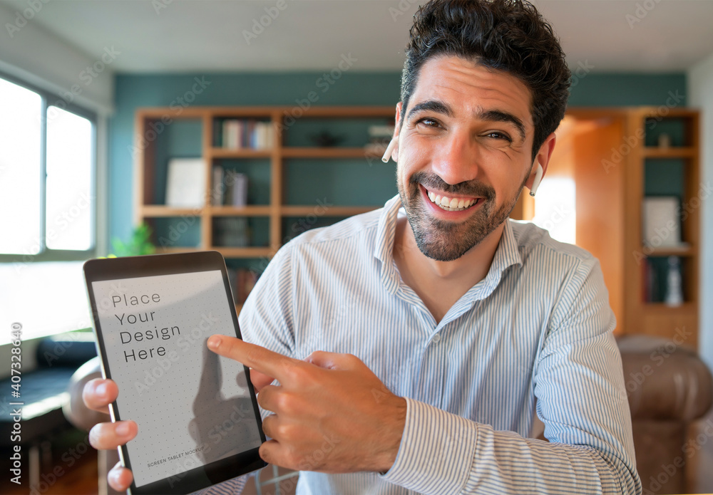 Man Using Tablet with Screen Mockup Stock Template | Adobe Stock