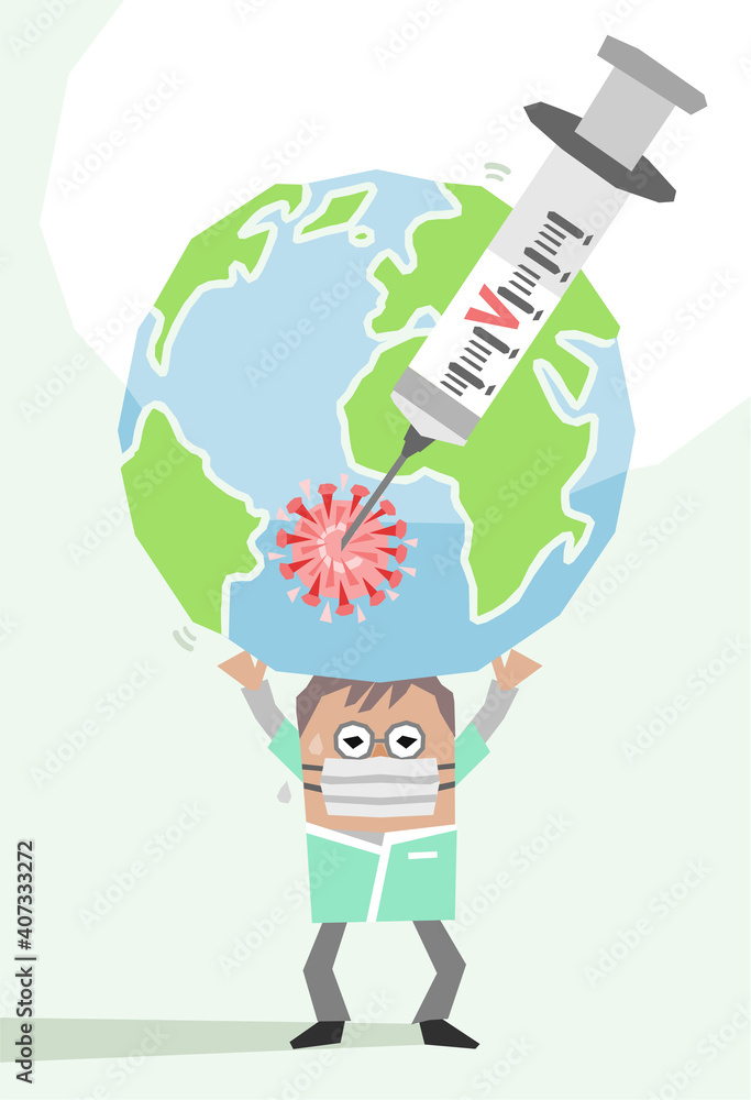 Cartoon Doctor carrying the sick Earth with a Syringe and anti-Virus ...