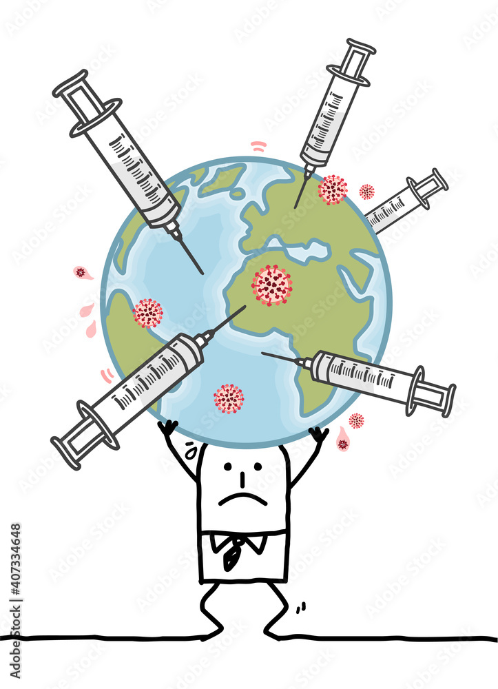 Cartoon man carrying the sick Earth with Syringes and Vaccine anti ...