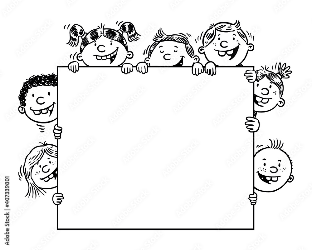 Vector EPS. Hand drawn black and white illustration of kids who hold a ...