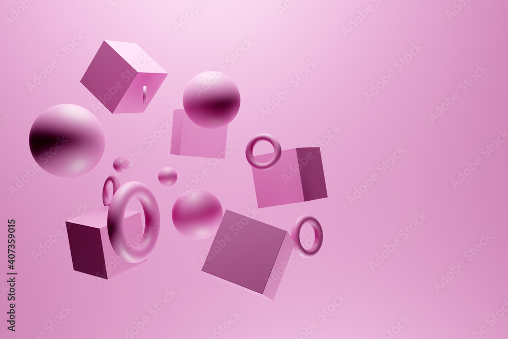 Close-up 3d pink monocrome illustration. Different geometric shapes ...