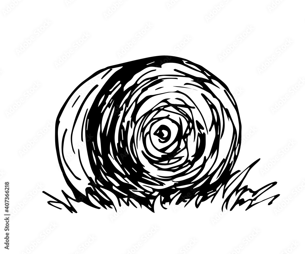 Hand-drawn vector drawing in engraving style. Round haystack, straw ...