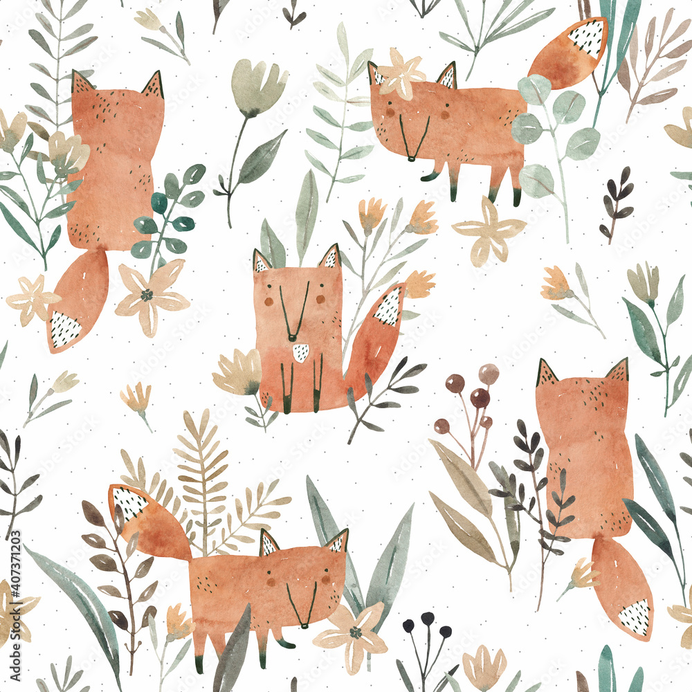 Cute foxes in a flower meadow. Watercolor seamless pattern. Creative ...
