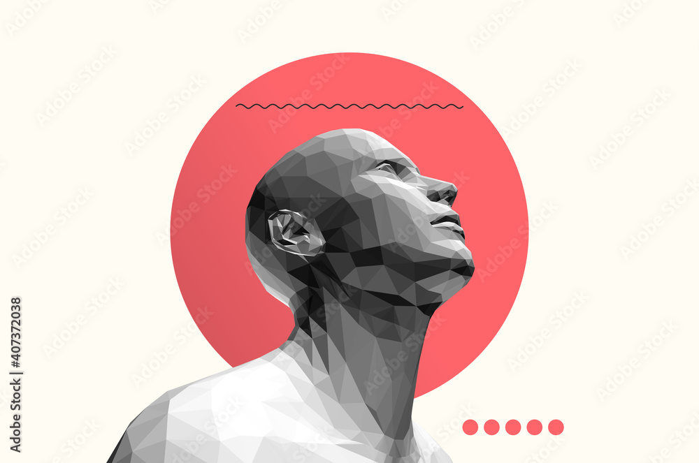 Man looking up. Abstract digital human head. Face side view ...