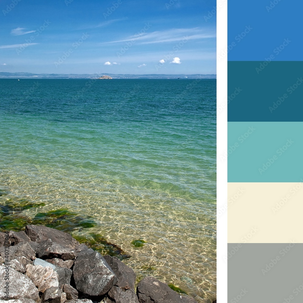 Beautiful seascape of transparent blue turquoise sea water, beige and ...