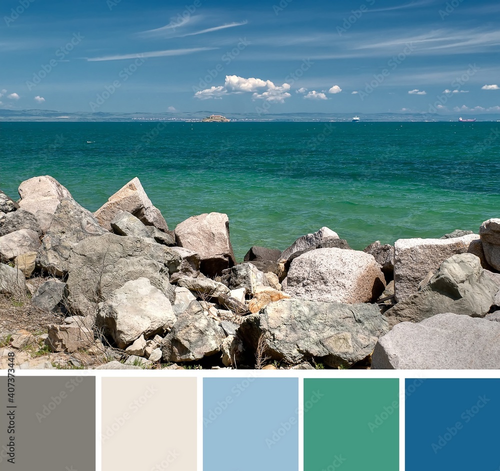 Beautiful seascape of transparent blue turquoise sea water, beige and ...