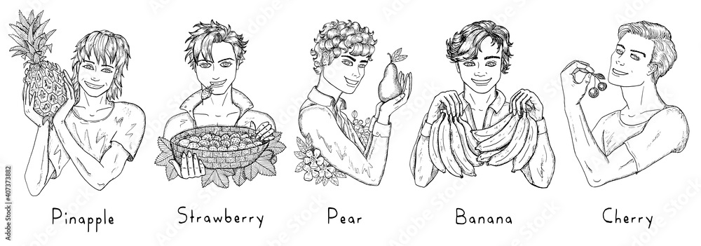 Design set with handsome men holding fruits isolated on white ...