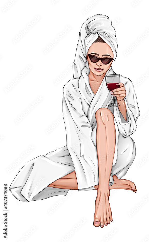 Beautiful brunette woman with glass of wine in white spa robe. Young ...