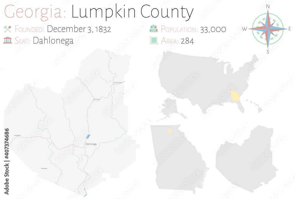 Large and detailed map of Lumpkin county in Georgia, USA. Stock Vector ...