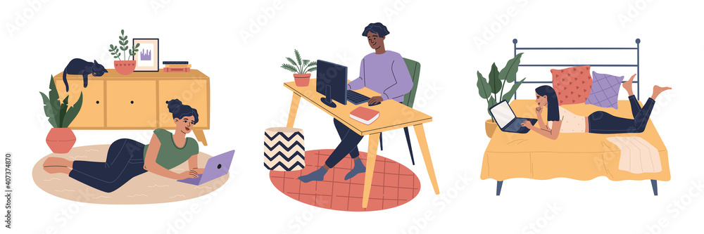 Freelancers man and woman working at home office on laptop and computer ...