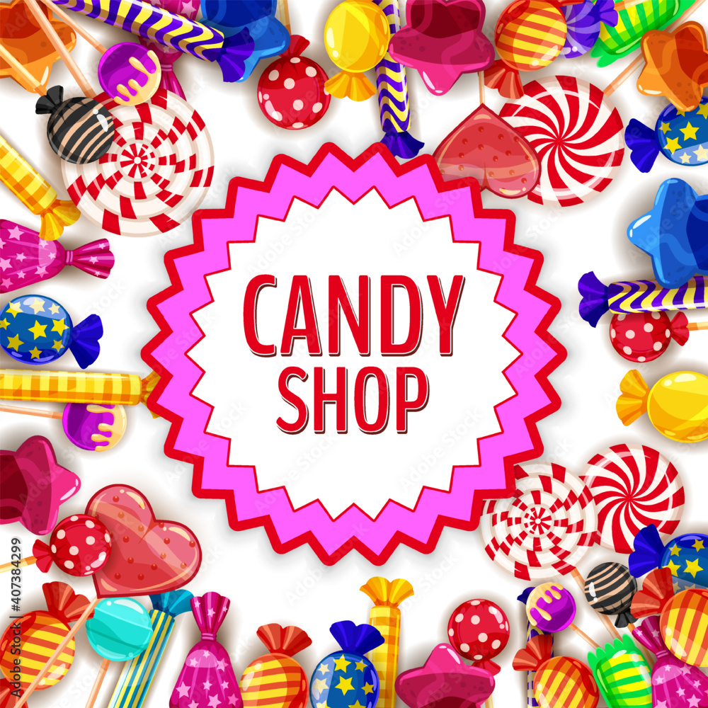 Candy Shop template set of different colors of candy, lollipops, sweets ...