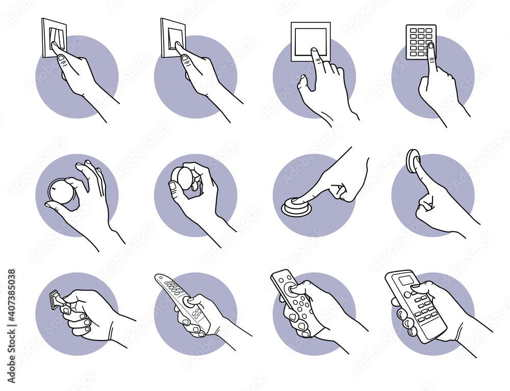 Hand pressing, turning, pushing, and flipping switch button. Vector ...